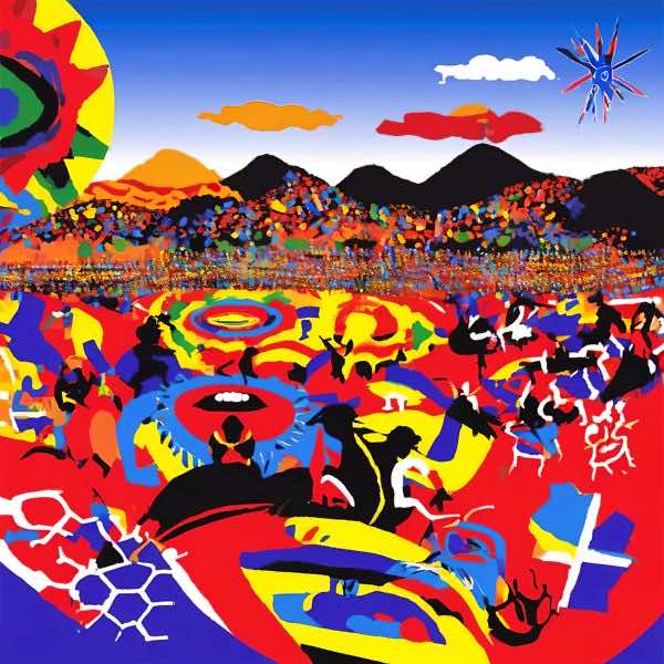 最初の商品画像がポスターの全体図です．2 番めの商品画像として中央部分の拡大図をのせています． 【GPT5/4o による解説】 (正確でない場合がありますので，ご注意ください.) 画面いっぱいに燃えるような赤が広がり，その上で黄や青の帯が渦...