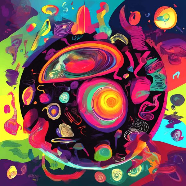 最初の商品画像がポスターの全体図です．2 番めの商品画像として中央部分の拡大図をのせています． 【GPT5/4o による解説】 (正確でない場合がありますので，ご注意ください.) 本作は濃密な色彩と有機的な形態が同心円状の円を中心に展開する...