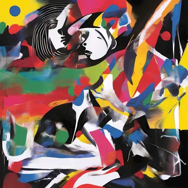 最初の商品画像がポスターの全体図です．2 番めの商品画像として中央部分の拡大図をのせています． 【GPT5/4o による解説】 (正確でない場合がありますので，ご注意ください.) この絵は，抽象表現主義とキュビスムの影響を受けた作品のように...