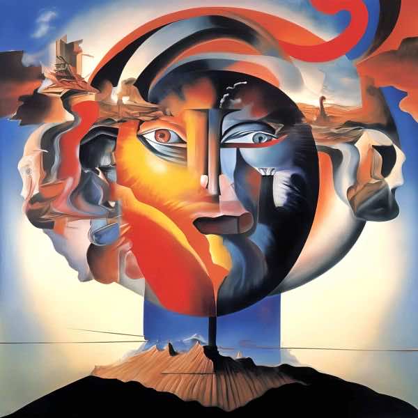 最初の商品画像がポスターの全体図です．2 番めの商品画像として中央部分の拡大図をのせています． 【GPT5/4o による解説】 (正確でない場合がありますので，ご注意ください.) この絵は，シュルレアリスムとキュビスムの影響を受けた作品です...