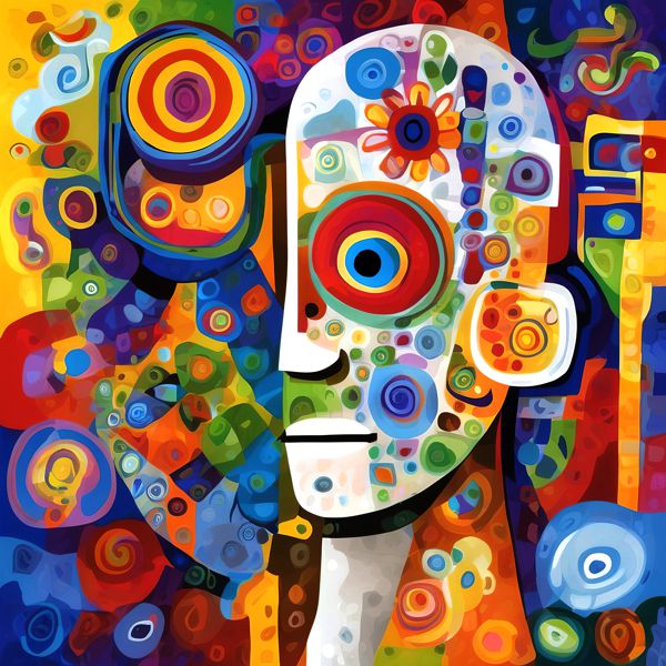 最初の商品画像がポスターの全体図です．2 番めの商品画像として中央部分の拡大図をのせています． 【GPT5/4o による解説】 (正確でない場合がありますので，ご注意ください.) この絵は鮮やかな原色と多彩な同心円，点描のような小さな丸が画...