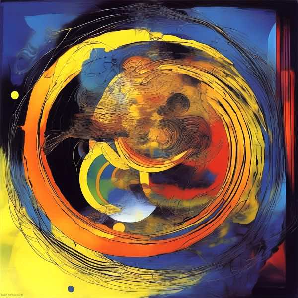 最初の商品画像がポスターの全体図です．2 番めの商品画像として中央部分の拡大図をのせています． 【GPT5/4o による解説】 (正確でない場合がありますので，ご注意ください.) この絵は，抽象表現主義とサイケデリックアートの影響を受けた作...