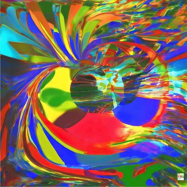 最初の商品画像がポスターの全体図です．2 番めの商品画像として中央部分の拡大図をのせています． 【GPT5/4o による解説】 (正確でない場合がありますので，ご注意ください.) この絵は，渦を巻くような筆致と，赤・青・黄・緑の原色がぶつか...