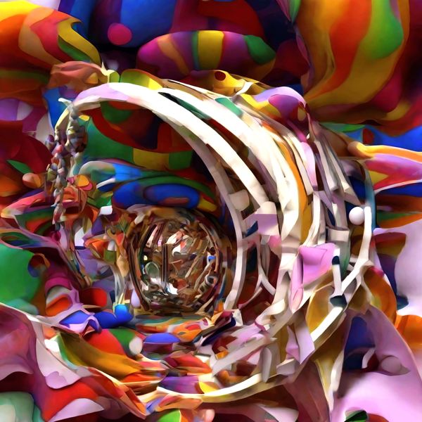 最初の商品画像がポスターの全体図です．2 番めの商品画像として中央部分の拡大図をのせています． 【GPT5/4o による解説】 (正確でない場合がありますので，ご注意ください.) この絵は鮮やかな原色が渦巻状に折り重なり，中央へと吸い込まれ...