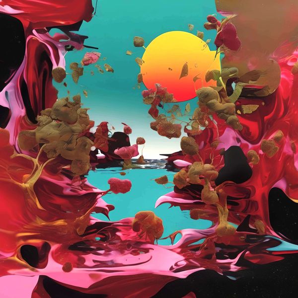 最初の商品画像がポスターの全体図です．2 番めの商品画像として中央部分の拡大図をのせています． 【GPT5/4o による解説】 (正確でない場合がありますので，ご注意ください.) この作品は，鮮烈な色彩と流動的な形態が融合したデジタル風景画...