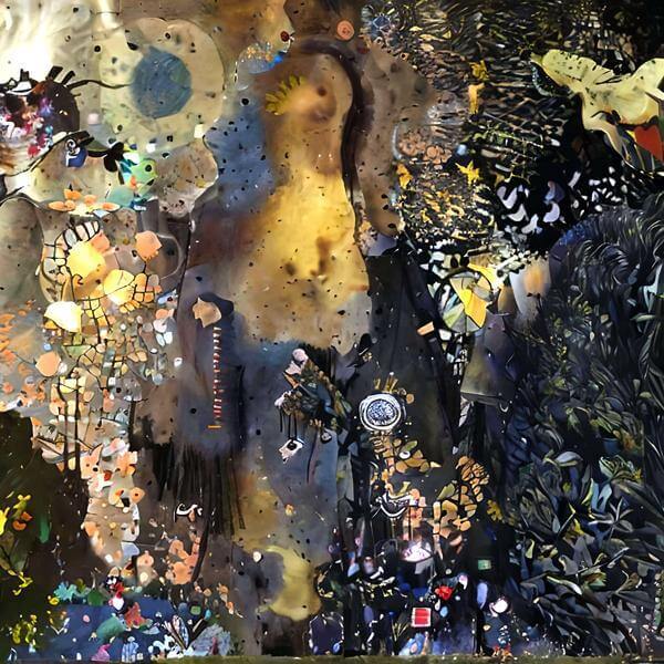 最初の商品画像がポスターの全体図です．2 番めの商品画像として中央部分の拡大図をのせています． 【GPT5/4o による解説】 (正確でない場合がありますので，ご注意ください.) この絵は，黒と金を中心にしたにじみと飛び散りが重なり，中央に...