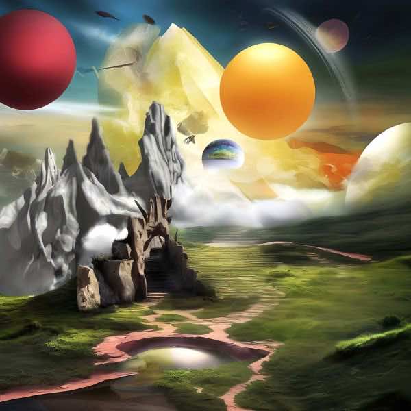 最初の商品画像がポスターの全体図です．2 番めの商品画像として中央部分の拡大図をのせています． 【GPT5/4o による解説】 (正確でない場合がありますので，ご注意ください.) この作品は天と地が溶け合うような広大な風景に，大小の球体や崩...