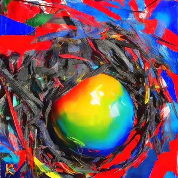 最初の商品画像がポスターの全体図です．2 番めの商品画像として中央部分の拡大図をのせています． 【GPT5/4o による解説】 (正確でない場合がありますので，ご注意ください.) 黒い枝のようなストロークが渦をなし，中央の虹色の球体を巣のよ...