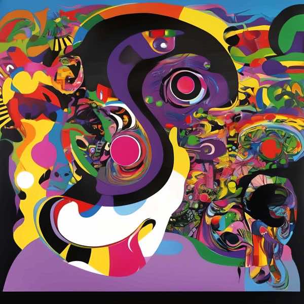 最初の商品画像がポスターの全体図です．2 番めの商品画像として中央部分の拡大図をのせています． 【GPT5/4o による解説】 (正確でない場合がありますので，ご注意ください.) この絵は，抽象表現主義やポップアートの影響を受けた作品のよう...