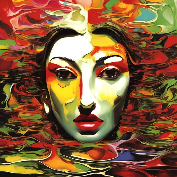 最初の商品画像がポスターの全体図です．2 番めの商品画像として中央部分の拡大図をのせています． 【GPT5/4o による解説】 (正確でない場合がありますので，ご注意ください.) 中央に白磁のような顔が浮かび，周囲は赤・黄・緑が溶岩のように...