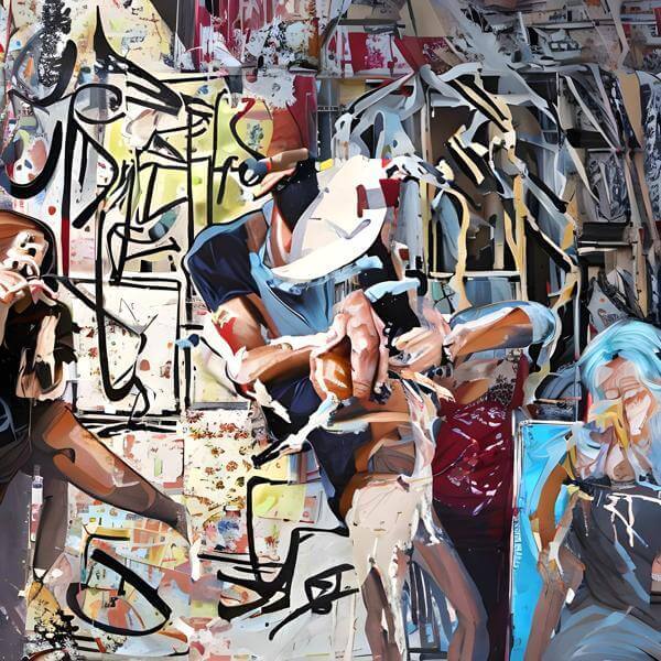 最初の商品画像がポスターの全体図です．2 番めの商品画像として中央部分の拡大図をのせています． 【GPT5/4o による解説】 (正確でない場合がありますので，ご注意ください.) この絵は，抽象表現主義とストリートアートの要素が融合した作品...