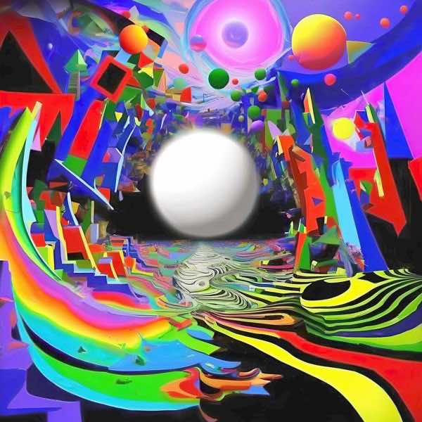 最初の商品画像がポスターの全体図です．2 番めの商品画像として中央部分の拡大図をのせています． 【GPT5/4o による解説】 (正確でない場合がありますので，ご注意ください.) この絵は，非常にカラフルで抽象的なスタイルが特徴です． 色彩...