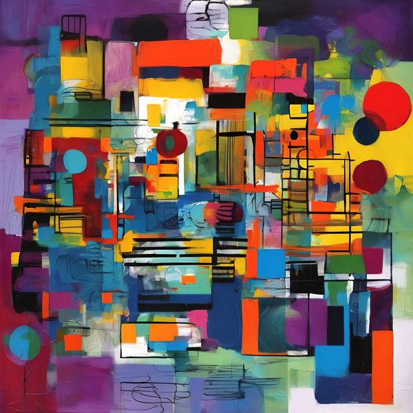 最初の商品画像がポスターの全体図です．2 番めの商品画像として中央部分の拡大図をのせています． 【GPT5/4o による解説】 (正確でない場合がありますので，ご注意ください.) この絵は，抽象表現主義と幾何学的抽象の影響を受けた作品です．...