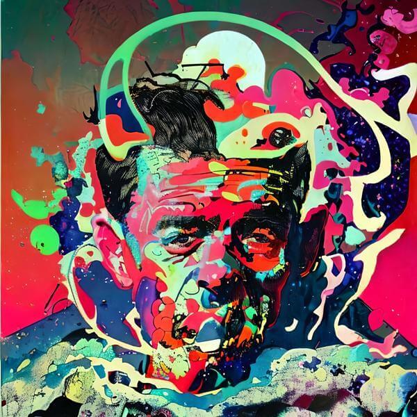 最初の商品画像がポスターの全体図です．2 番めの商品画像として中央部分の拡大図をのせています． 【GPT5/4o による解説】 (正確でない場合がありますので，ご注意ください.) この絵は，サイケデリックアートとポップアートの影響を受けた作...