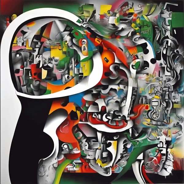 最初の商品画像がポスターの全体図です．2 番めの商品画像として中央部分の拡大図をのせています． 【GPT5/4o による解説】 (正確でない場合がありますので，ご注意ください.) 画面は太い白線で示された頭部の輪郭と，その内部外部に入り乱れ...