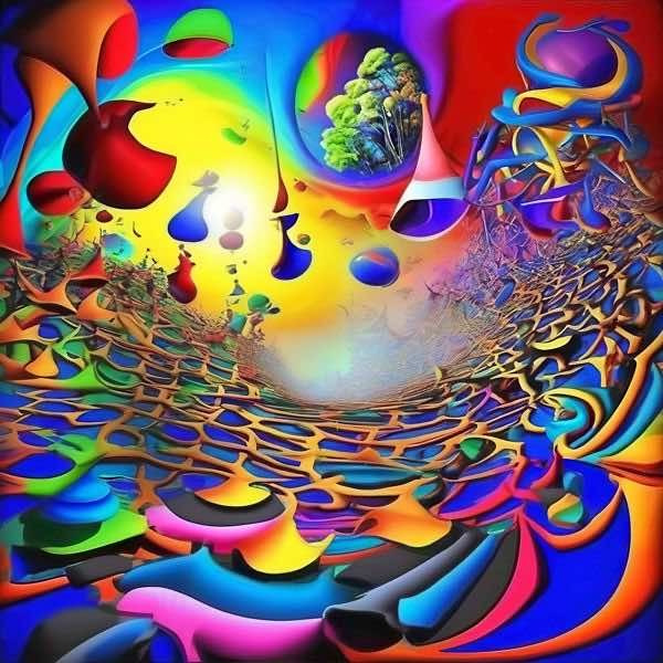 最初の商品画像がポスターの全体図です．2 番めの商品画像として中央部分の拡大図をのせています． 【GPT5/4o による解説】 (正確でない場合がありますので，ご注意ください.) この絵は，サイケデリックアートやシュルレアリスムの影響を受け...