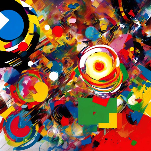 最初の商品画像がポスターの全体図です．2 番めの商品画像として中央部分の拡大図をのせています． 【GPT5/4o による解説】 (正確でない場合がありますので，ご注意ください.) 鮮烈な原色が飛び交い，大小の円や斑点，断片的な幾何形体が層状...