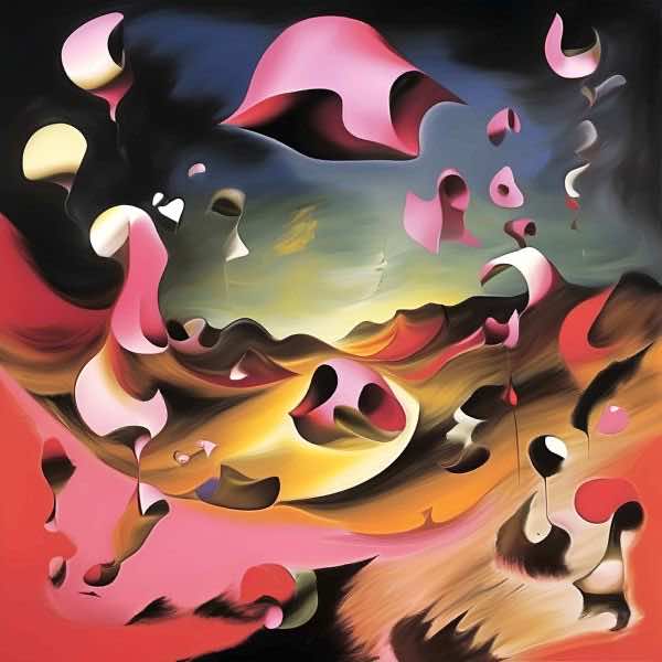 最初の商品画像がポスターの全体図です．2 番めの商品画像として中央部分の拡大図をのせています． 【GPT5/4o による解説】 (正確でない場合がありますので，ご注意ください.) この絵は，シュルレアリスムや抽象表現主義の影響を受けた作品の...