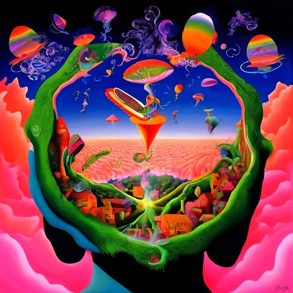 最初の商品画像がポスターの全体図です．2 番めの商品画像として中央部分の拡大図をのせています． 【GPT5/4o による解説】 (正確でない場合がありますので，ご注意ください.) 鮮烈な色彩で描かれたこの絵は，頭部を思わせる円形の開口部の内...