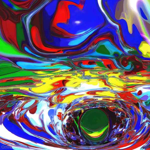 最初の商品画像がポスターの全体図です．2 番めの商品画像として中央部分の拡大図をのせています． 【GPT5/4o による解説】 (正確でない場合がありますので，ご注意ください.) この絵は，赤・青・緑・黄の強い色が溶け合い，液体がうねるよう...