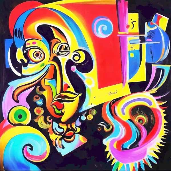 最初の商品画像がポスターの全体図です．2 番めの商品画像として中央部分の拡大図をのせています． 【GPT5/4o による解説】 (正確でない場合がありますので，ご注意ください.) この絵は，強い黒地の上に赤や黄，青などの原色が渦のように走り...