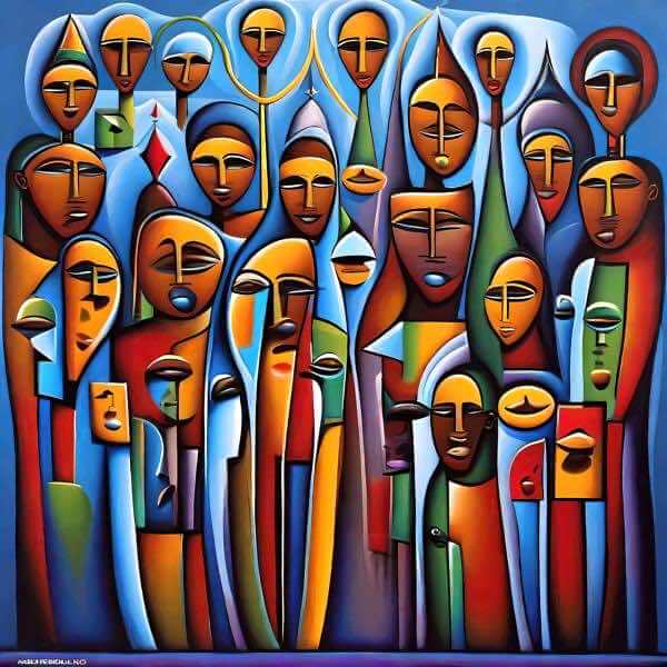 最初の商品画像がポスターの全体図です．2 番めの商品画像として中央部分の拡大図をのせています． 【GPT5/4o による解説】 (正確でない場合がありますので，ご注意ください.) この絵は，多くの人々が肩を寄せ合う場面を，丸や四角の形で組み...