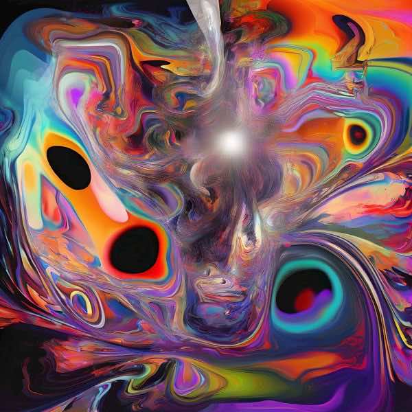 最初の商品画像がポスターの全体図です．2 番めの商品画像として中央部分の拡大図をのせています． 【GPT5/4o による解説】 (正確でない場合がありますので，ご注意ください.) この絵は，抽象表現主義やサイケデリックアートの影響を受けた作...