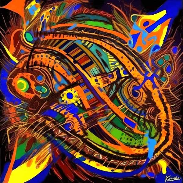 最初の商品画像がポスターの全体図です．2 番めの商品画像として中央部分の拡大図をのせています． 【GPT5/4o による解説】 (正確でない場合がありますので，ご注意ください.) 鮮烈な原色と有機的な曲線が折り重なるこの抽象画は，視線を画面...