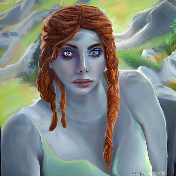 最初の商品画像がポスターの全体図です．2 番めの商品画像として中央部分の拡大図をのせています． 【GPT5/4o による解説】 (正確でない場合がありますので，ご注意ください.) この絵は，幻想的で神秘的な雰囲気を持つポートレートです． 青...