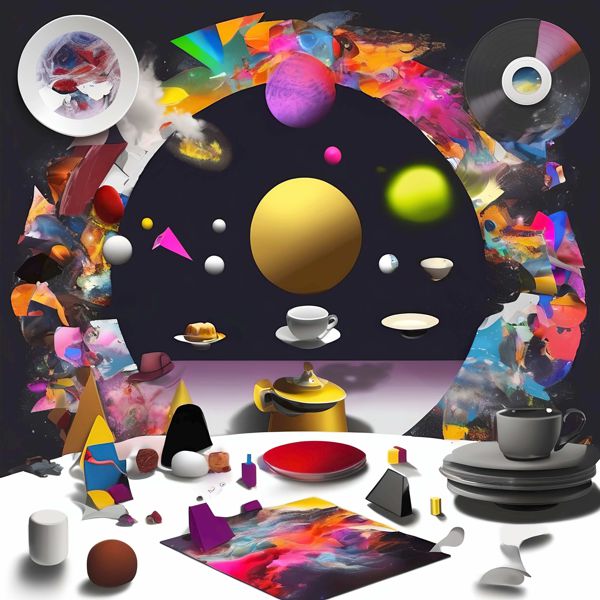 最初の商品画像がポスターの全体図です．2 番めの商品画像として中央部分の拡大図をのせています． 【GPT5/4o による解説】 (正確でない場合がありますので，ご注意ください.) 中央に円形の窓から宇宙のような背景と浮遊する球体やカップ類が...