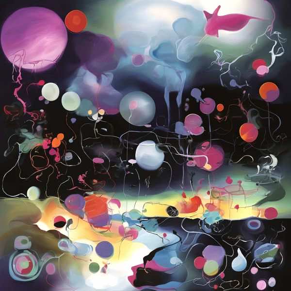 最初の商品画像がポスターの全体図です．2 番めの商品画像として中央部分の拡大図をのせています． 【GPT5/4o による解説】 (正確でない場合がありますので，ご注意ください.) この絵は，抽象表現主義やシュルレアリスムの影響を受けた作品の...