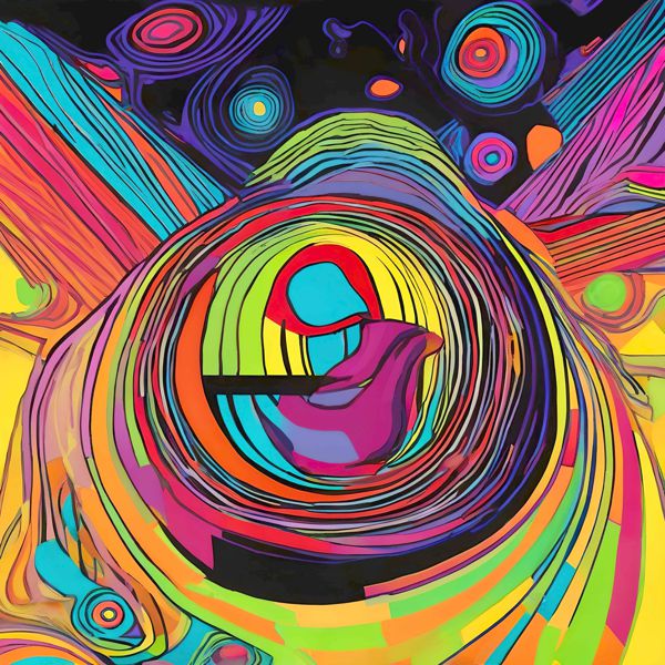 最初の商品画像がポスターの全体図です．2 番めの商品画像として中央部分の拡大図をのせています． 【GPT5/4o による解説】 (正確でない場合がありますので，ご注意ください.) 中央の同心円状の渦の中に鳥のようにも見える有機的なフォルムが...