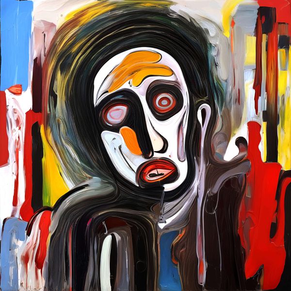 最初の商品画像がポスターの全体図です．2 番めの商品画像として中央部分の拡大図をのせています． 【GPT5/4o による解説】 (正確でない場合がありますので，ご注意ください.) この作品は顔をモチーフにした抽象表現で，厚く盛られた絵具とパ...