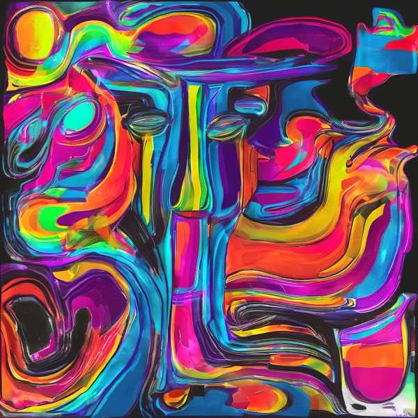 最初の商品画像がポスターの全体図です．2 番めの商品画像として中央部分の拡大図をのせています． 【GPT5/4o による解説】 (正確でない場合がありますので，ご注意ください.) この絵は，黒い背景の上でマゼンタやシアン，ライムやオレンジが...