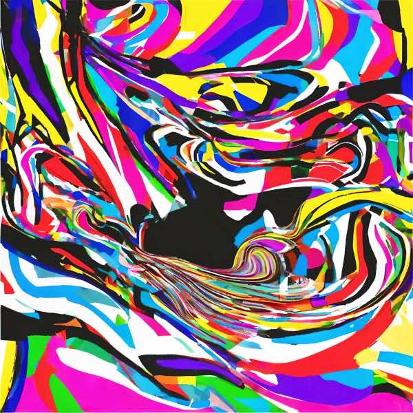 最初の商品画像がポスターの全体図です．2 番めの商品画像として中央部分の拡大図をのせています． 【GPT5/4o による解説】 (正確でない場合がありますので，ご注意ください.) この絵は，抽象表現主義やポップアートの影響を受けた作品のよう...