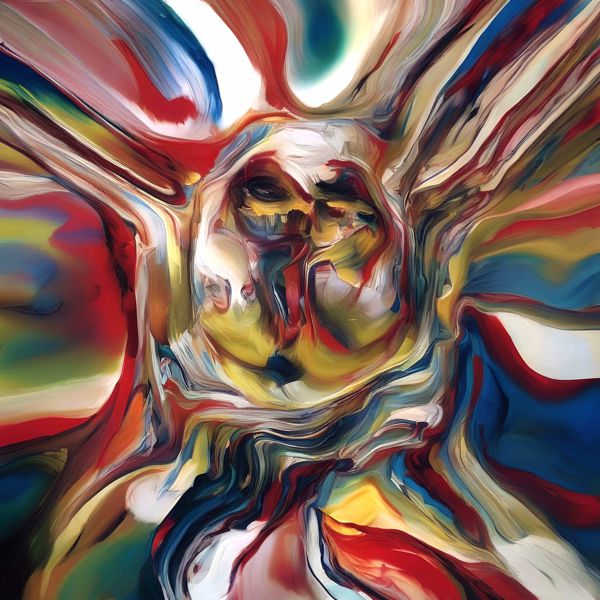 最初の商品画像がポスターの全体図です．2 番めの商品画像として中央部分の拡大図をのせています． 【GPT5/4o による解説】 (正確でない場合がありますので，ご注意ください.) 溶岩のようにうねる絵肌が，赤・青・黄の原色を帯びて中心へ収束...