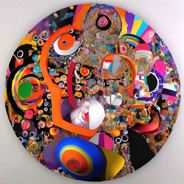 最初の商品画像がポスターの全体図です．2 番めの商品画像として中央部分の拡大図をのせています． 【GPT5/4o による解説】 (正確でない場合がありますので，ご注意ください.) この作品は，カラフルで抽象的な要素が組み合わさった円形のアー...