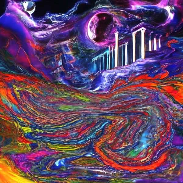 最初の商品画像がポスターの全体図です．2 番めの商品画像として中央部分の拡大図をのせています． 【GPT5/4o による解説】 (正確でない場合がありますので，ご注意ください.) この絵は，極彩色のうねりが画面を満たし，溶岩や川の流れのよう...