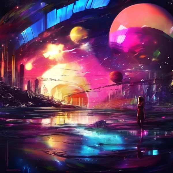 最初の商品画像がポスターの全体図です．2 番めの商品画像として中央部分の拡大図をのせています． 【GPT5/4o による解説】 (正確でない場合がありますので，ご注意ください.) 半球状の天蓋のように宇宙が湾曲し，地平の手前には濡れた鏡面が...