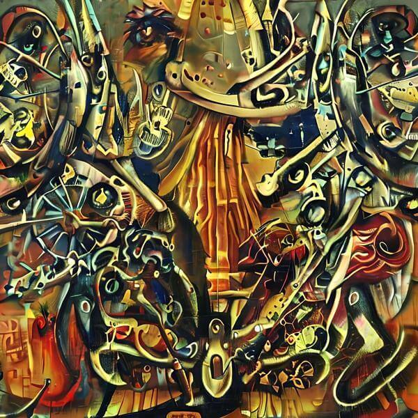 最初の商品画像がポスターの全体図です．2 番めの商品画像として中央部分の拡大図をのせています． 【GPT5/4o による解説】 (正確でない場合がありますので，ご注意ください.) この絵は，金や赤の暖かな色が画面を満たし，管や歯車のような形...