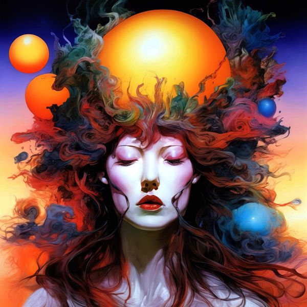 最初の商品画像がポスターの全体図です．2 番めの商品画像として中央部分の拡大図をのせています． 【GPT5/4o による解説】 (正確でない場合がありますので，ご注意ください.) 中央に白く滑らかな顔が浮かび，女性は目を閉じて静かに呼吸して...