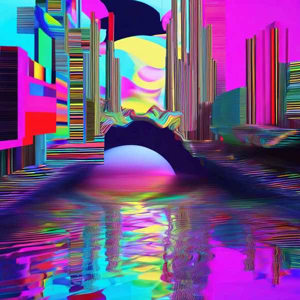 最初の商品画像がポスターの全体図です．2 番めの商品画像として中央部分の拡大図をのせています． 【GPT5/4o による解説】 (正確でない場合がありますので，ご注意ください.) 画面いっぱいにネオンのような色が広がり，縦に伸びる帯状の形が...