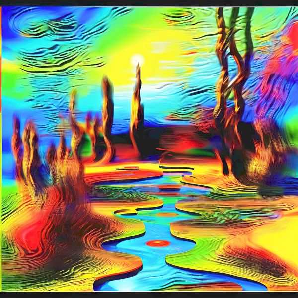 最初の商品画像がポスターの全体図です．2 番めの商品画像として中央部分の拡大図をのせています． 【GPT5/4o による解説】 (正確でない場合がありますので，ご注意ください.) 画面全体に強い原色が広がり，川のような青い帯が中央を蛇行して...