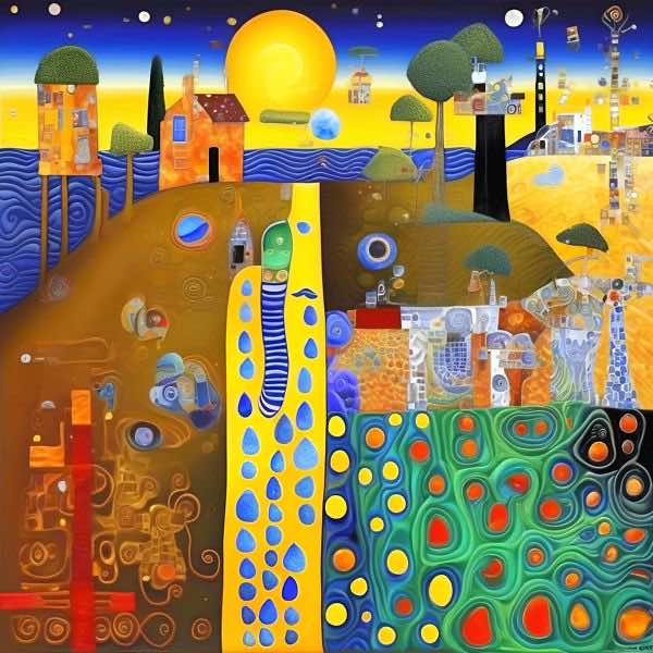 最初の商品画像がポスターの全体図です．2 番めの商品画像として中央部分の拡大図をのせています． 【GPT5/4o による解説】 (正確でない場合がありますので，ご注意ください.) この絵は，鮮やかな色彩と幾何学的な形状が特徴的で，グスタフ・...