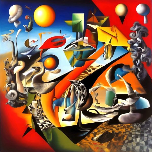 最初の商品画像がポスターの全体図です．2 番めの商品画像として中央部分の拡大図をのせています． 【GPT5/4o による解説】 (正確でない場合がありますので，ご注意ください.) この絵は，シュルレアリスムの影響を強く受けた作品です． 特に...