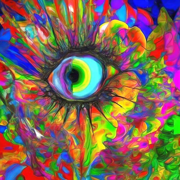 最初の商品画像がポスターの全体図です．2 番めの商品画像として中央部分の拡大図をのせています． 【GPT5/4o による解説】 (正確でない場合がありますので，ご注意ください.) この作品は中央に据えられた大きな眼を軸に，鮮烈な虹色が有機的...