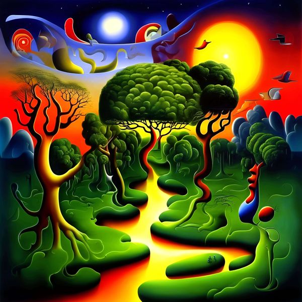 最初の商品画像がポスターの全体図です．2 番めの商品画像として中央部分の拡大図をのせています． 【GPT5/4o による解説】 (正確でない場合がありますので，ご注意ください.) この絵は，シュルレアリスムやサイケデリックアートの影響を受け...