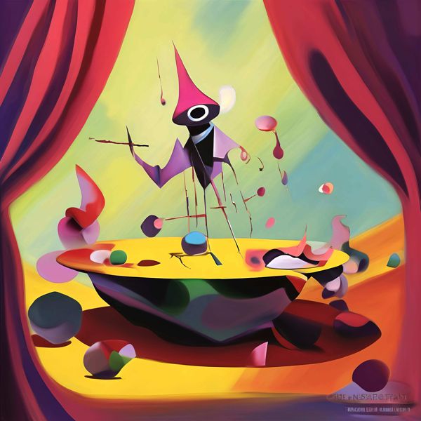 最初の商品画像がポスターの全体図です．2 番めの商品画像として中央部分の拡大図をのせています． 【GPT5/4o による解説】 (正確でない場合がありますので，ご注意ください.) カーテンで額縁が作られた舞台の中央に，細い脚を持つ抽象的人物...