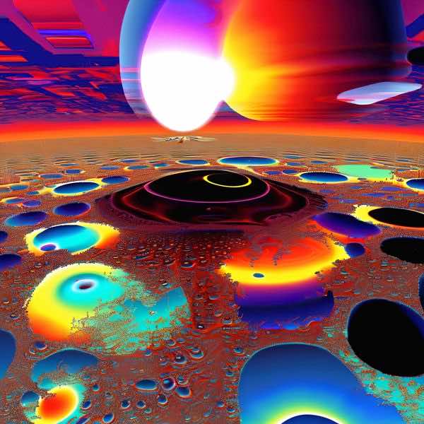 最初の商品画像がポスターの全体図です．2 番めの商品画像として中央部分の拡大図をのせています． 【GPT5/4o による解説】 (正確でない場合がありますので，ご注意ください.) この作品は極彩色のグラデーションと球状の反射面が広がる超現実...