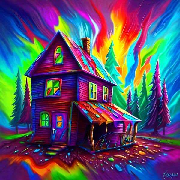 最初の商品画像がポスターの全体図です．2 番めの商品画像として中央部分の拡大図をのせています． 【GPT5/4o による解説】 (正確でない場合がありますので，ご注意ください.) 森の中に建つ古い家が，強い光に包まれて描かれています． 空は...